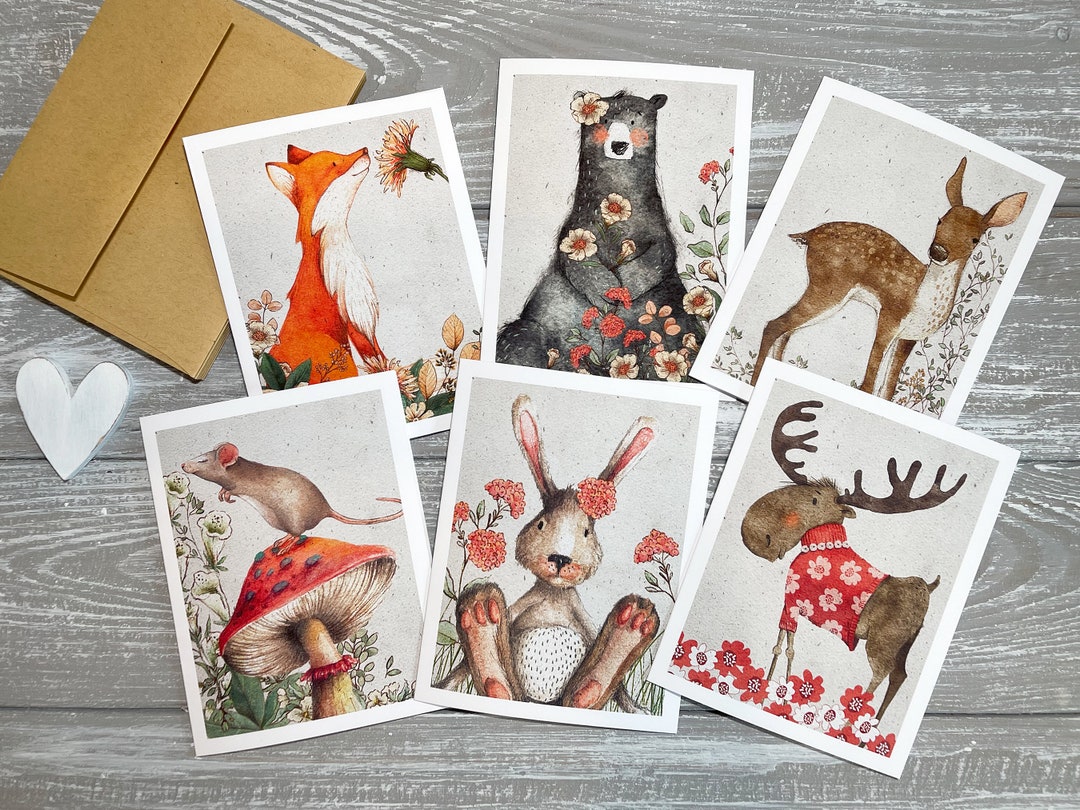 Watercolor Woodland Animals Note Cards Set, Forest Animals Notecards ...