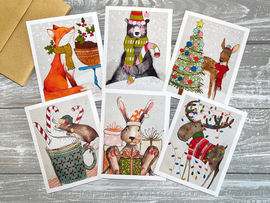 Cozy Christmas Woodland Animals Note Cards Set of 6, Forest Animals ...