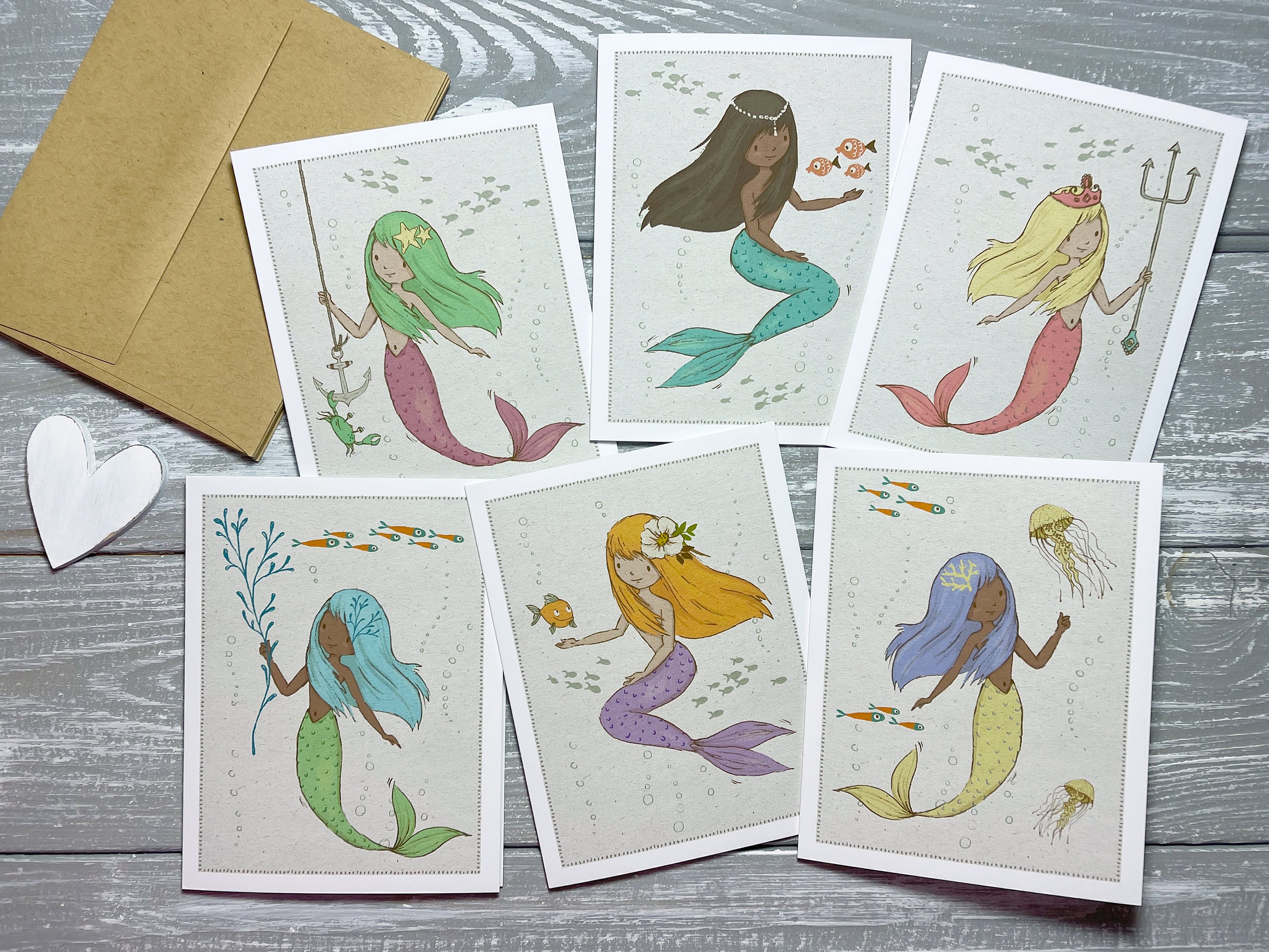 Vintage Mermaid Greeting Cards Set of 6, Mermaid Stationery for Girls ...