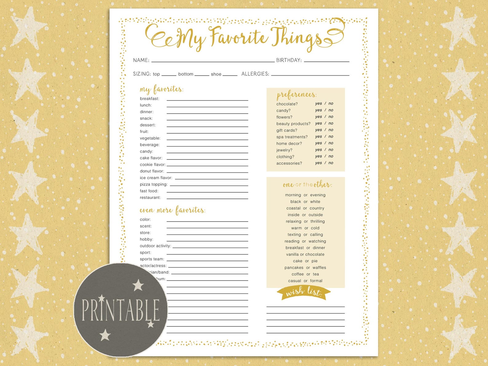 My Favorite Things Printable Template: Employee & Teacher Questionnaire ...
