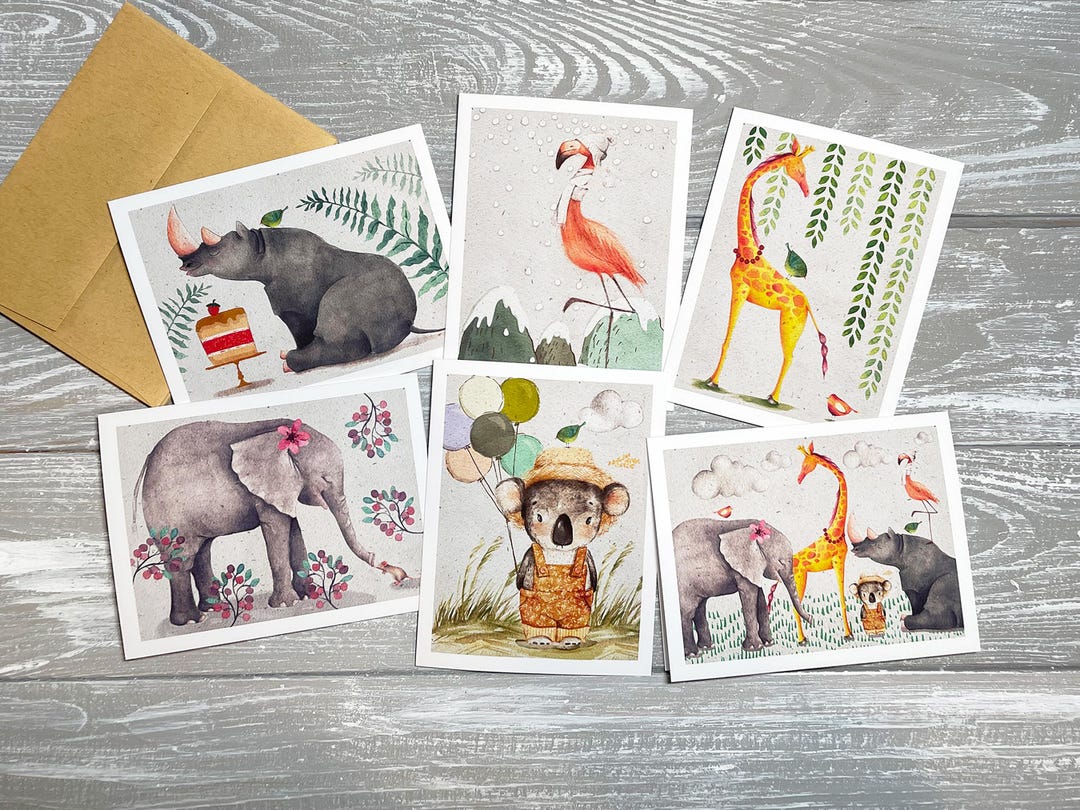 Watercolor Safari Animals Note Cards Set, Safari Animals Notecards ...
