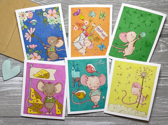 Mouse Greeting Cards Set Mice Note Cards Blank Inside Thank | Etsy