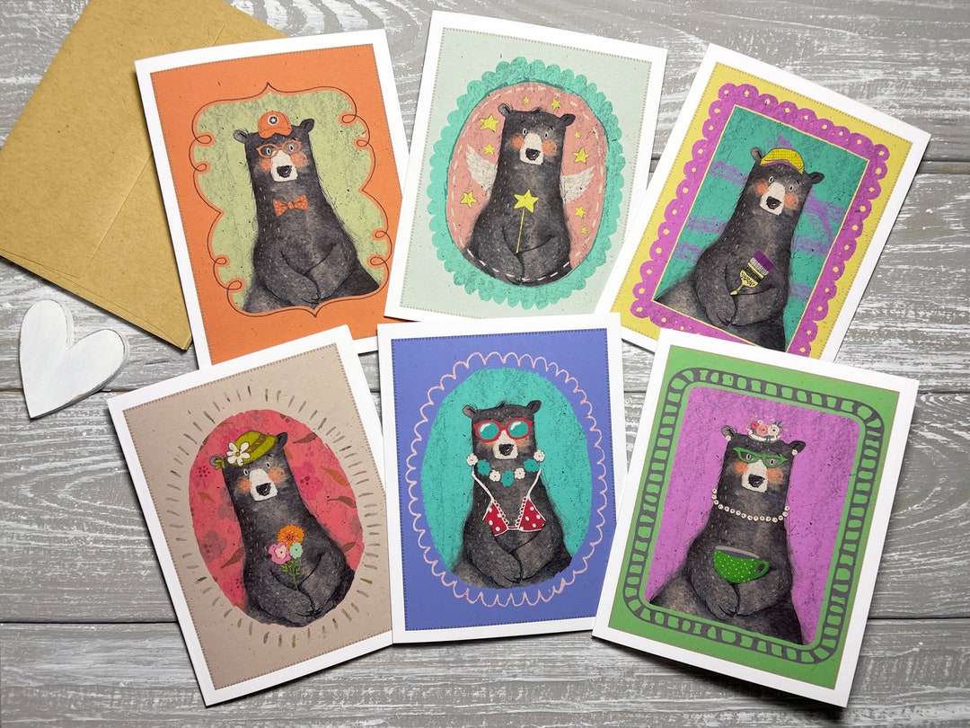 Bear Note Cards With Envelopes Blank Inside, Black Bear Notecards Set ...