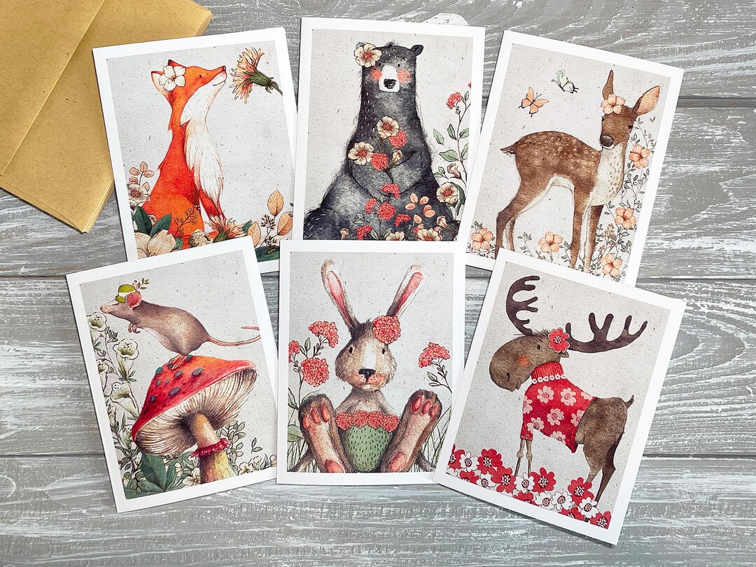 Watercolor Woodland Animals Note Cards Set, Forest Animals Notecards ...