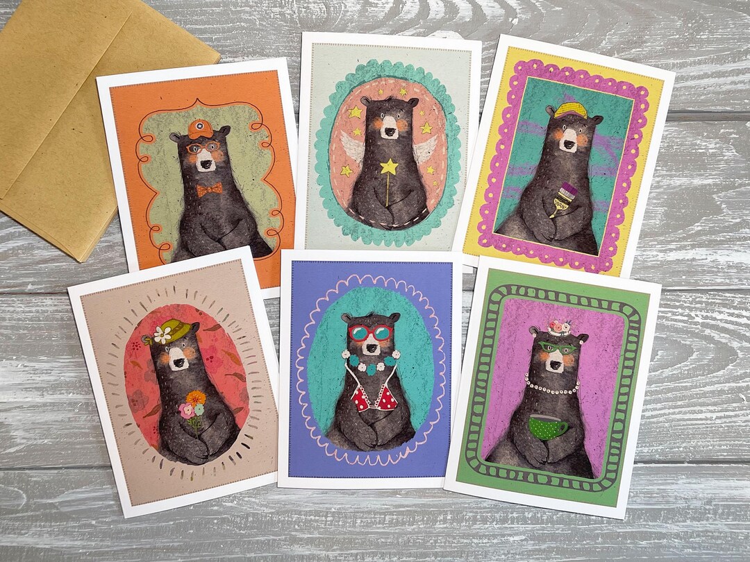 Bear Note Cards With Envelopes Blank Inside, Black Bear Notecards Set ...
