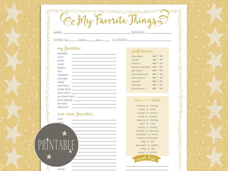 My Favorite Things Printable Template: Employee & Teacher Questionnaire ...