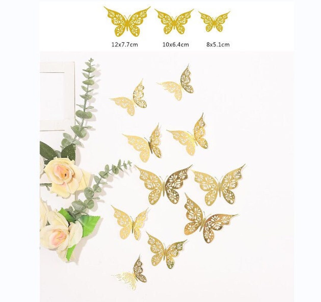 12 Pieces 3D Hollow Carved Metallic Gold Butterfly Stickers on Wall ...