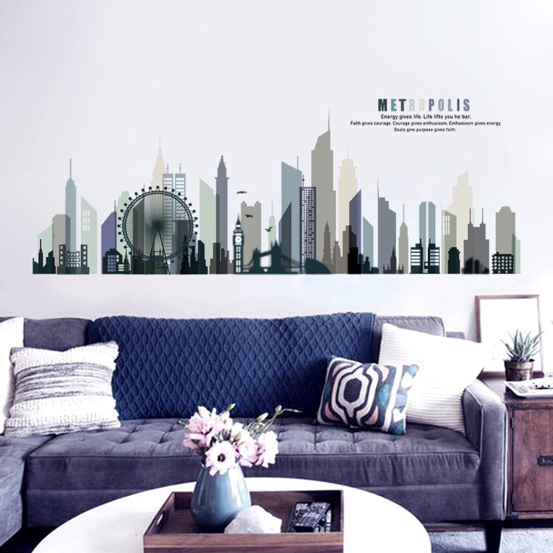 Contemporary Modern City Skyline Metropolis Office Wall Decal Stickers ...