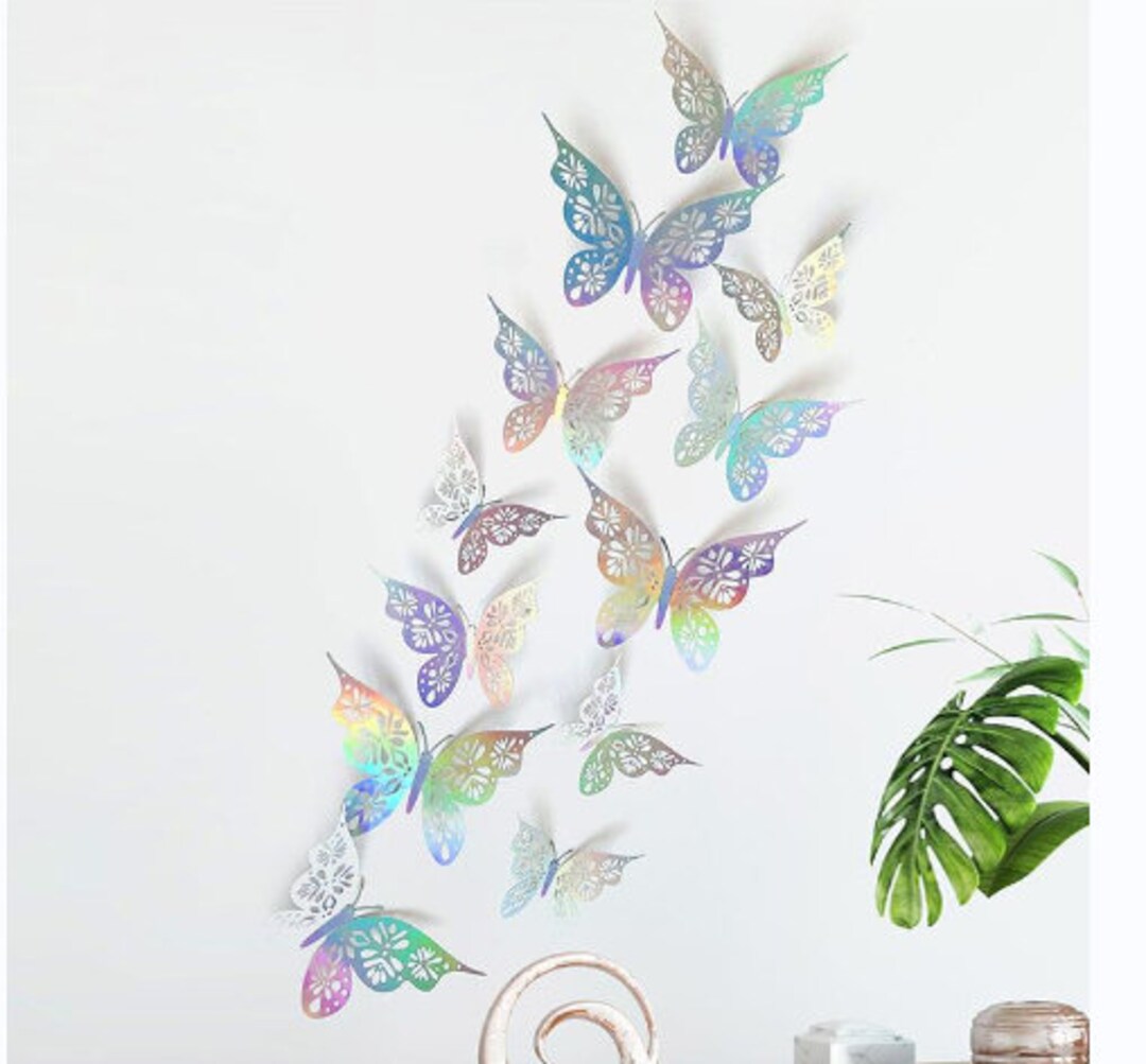 12 Pieces 3D Hollow Carved Colorful Silver Butterfly Stickers on Wall ...