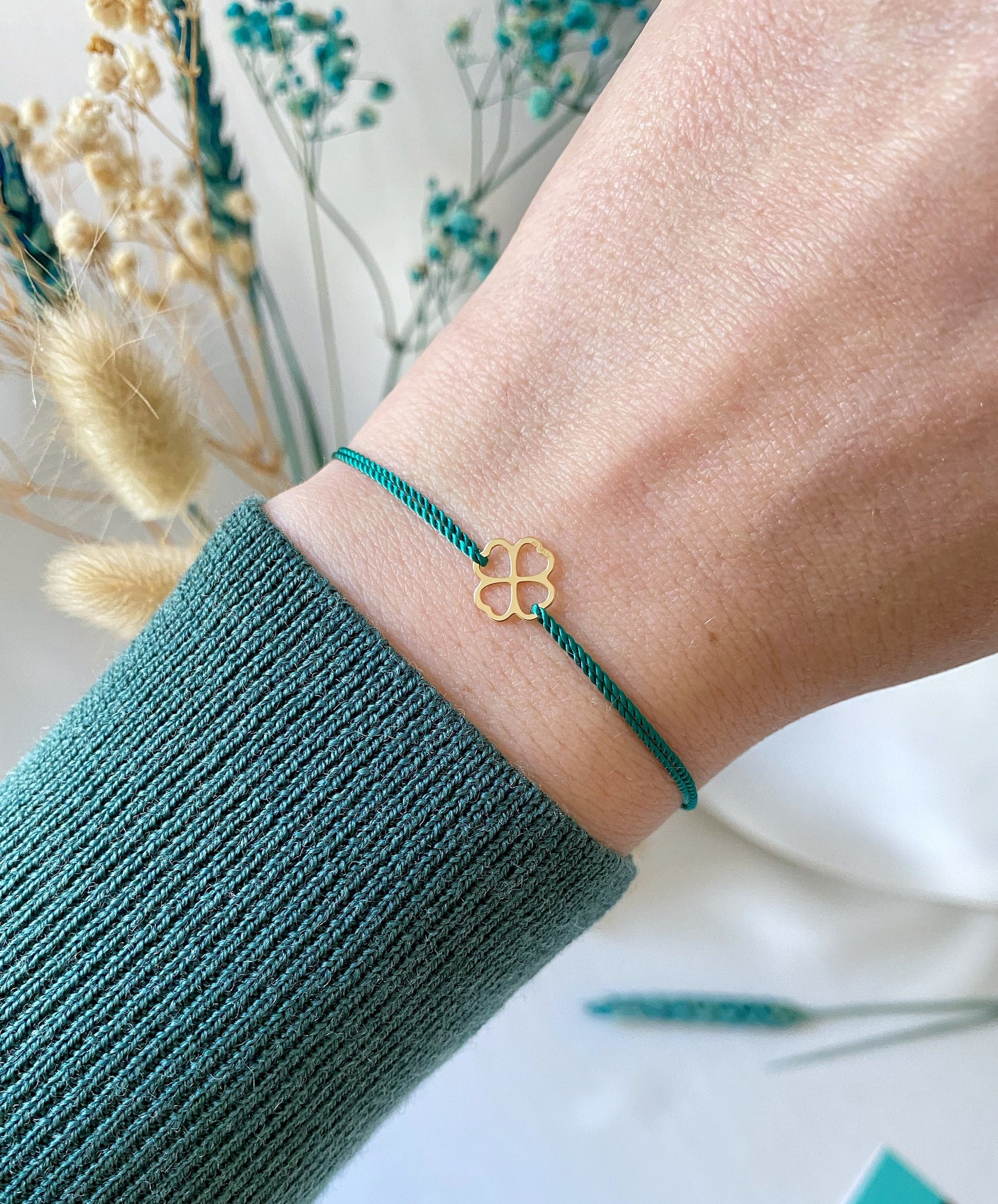 14k Gold Cloverleaf Bracelet Silk Cord Green String Bracelet - Etsy