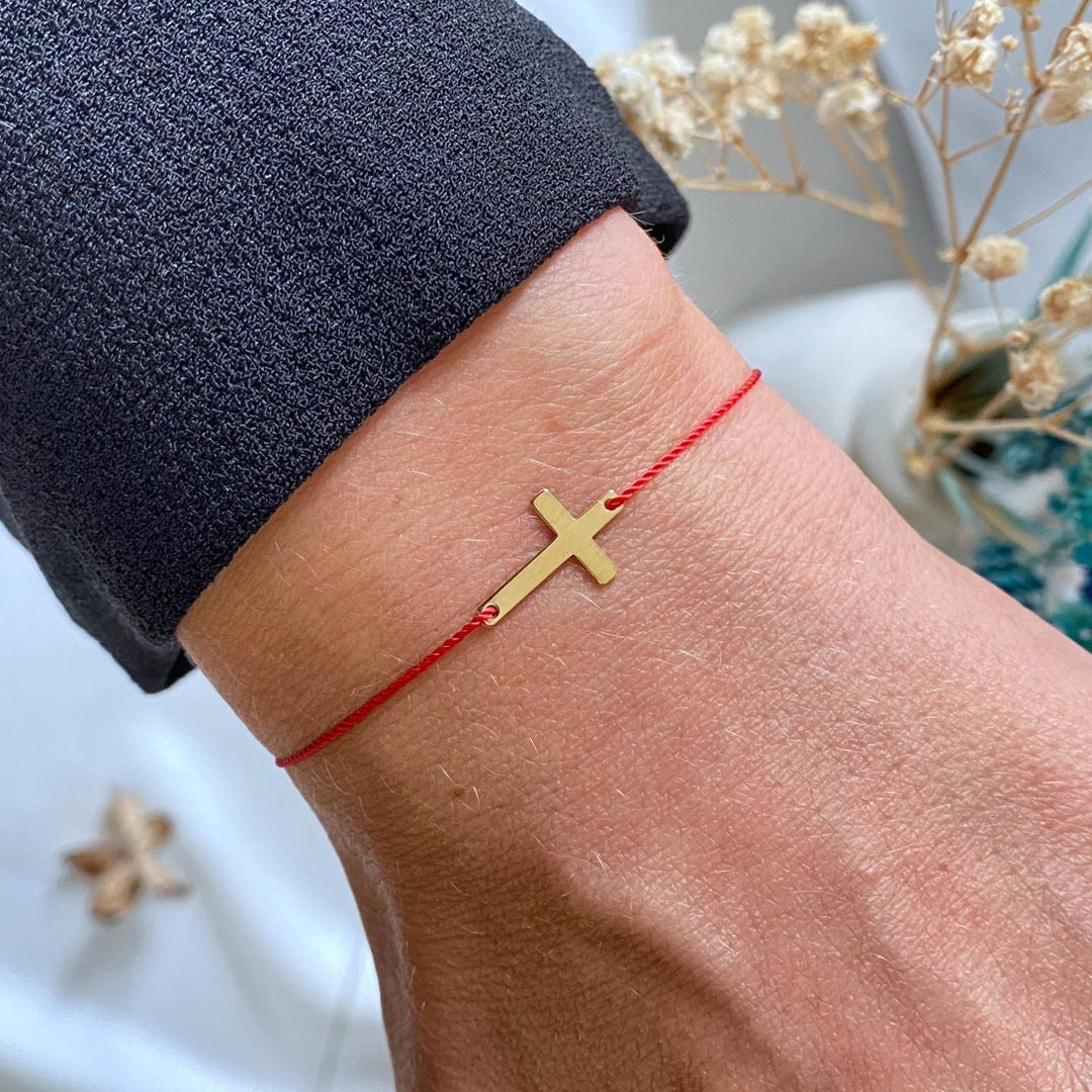 14k Solid Gold Cross- Baptism Gift - Silk Cord Red String Bracelet ...