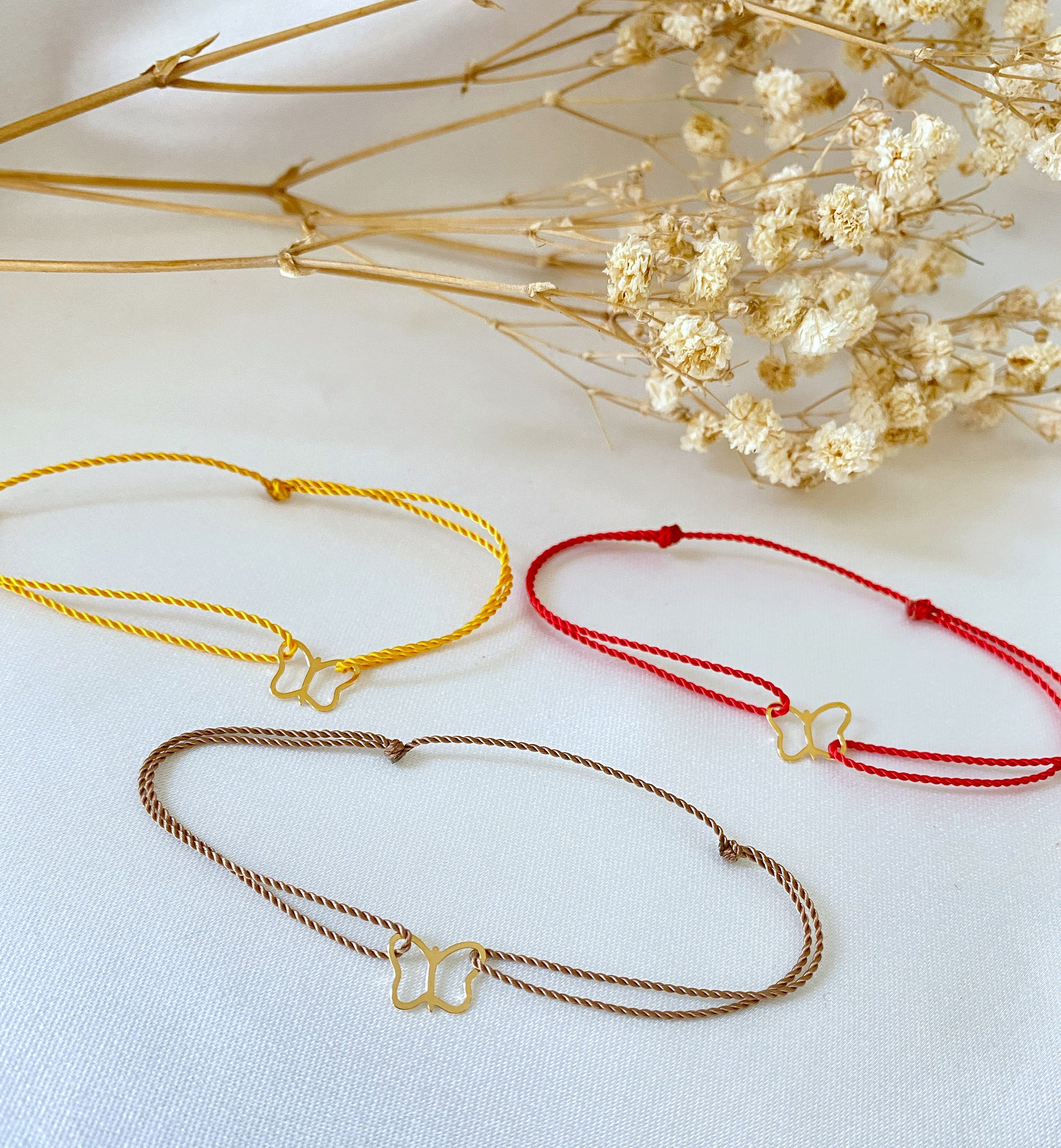 14k Solid Gold Butterfly Silk Cord Red String Bracelet - Etsy