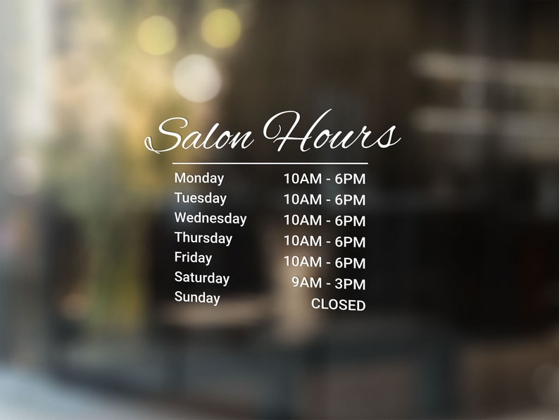 Salon Hours Vinyl Decal Custom Decal Window Decal Salon Sign Hours of ...