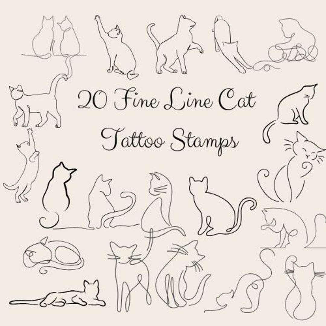 Minimalist Cat Tattoo Stamps - Fine Line Cat SVG & PNG Bundle - Digital ...