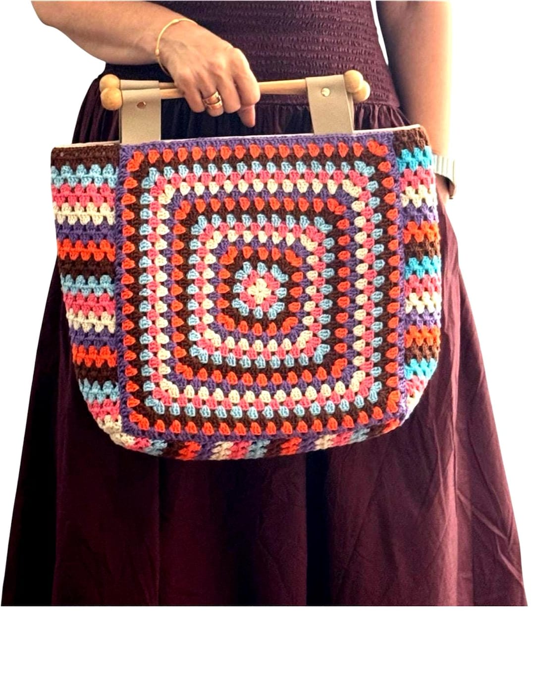 Crochet Granny Square Tote Bag, Handmade Weekender Bag, Colourful Boho ...