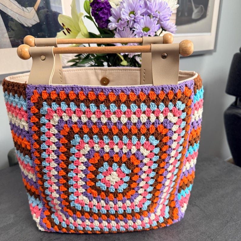 Crochet Granny Square Tote Bag, Handmade Weekender Bag, Colourful Boho ...