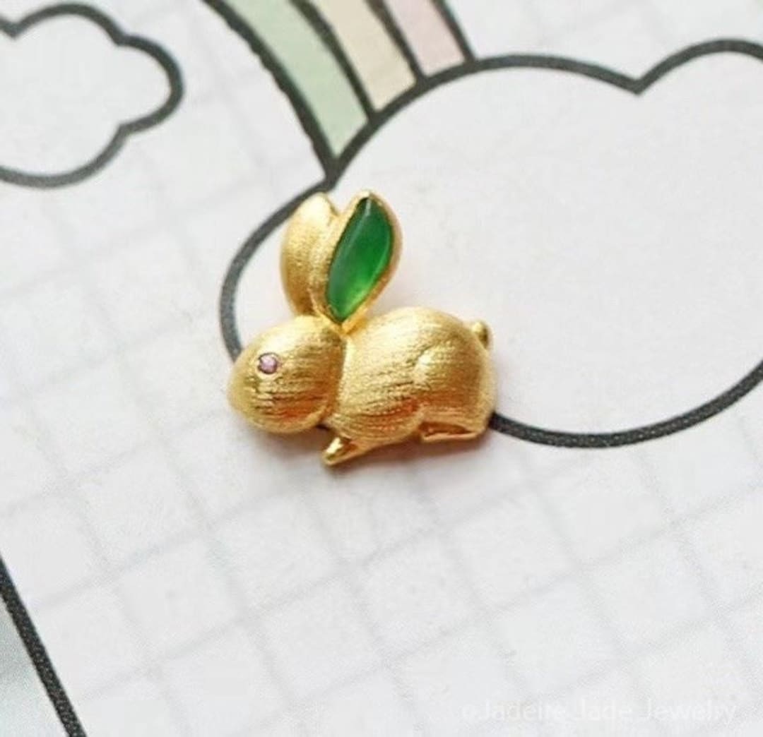 18k Solid Gold Green Jade Bunny Ear Pendant, Year of the Rabbit ...