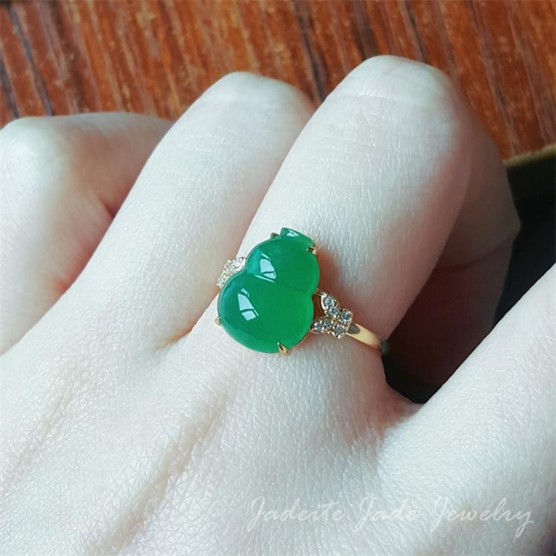 Green Jade Gourd Ring, Burmese Jadeite Ring, 18K Gold Diamond Ring ...