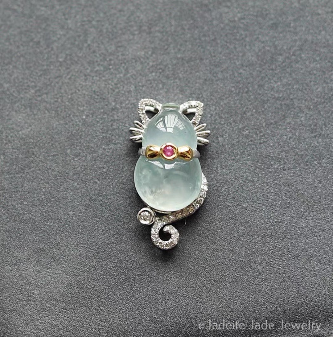 Cute Kitty Cat Jade Diamond Pendant, Hulu Icy Jadeite, Wu Lou Feicui ...