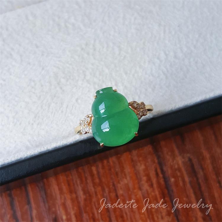 Green Jade Gourd Ring, Burmese Jadeite Ring, 18K Gold Diamond Ring ...