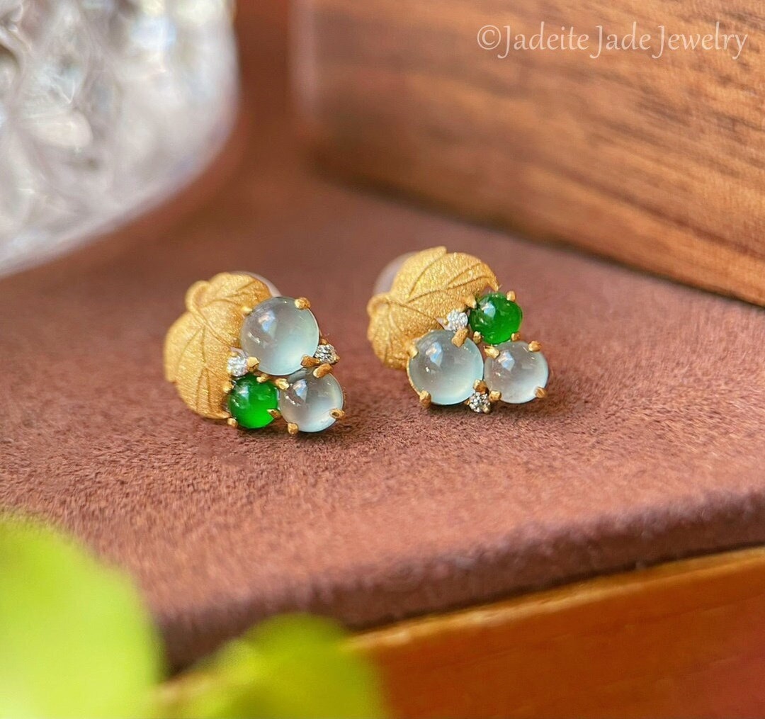 18k Solid Gold Grape Earrings, Translucent Jadeite Dainty Earrings ...