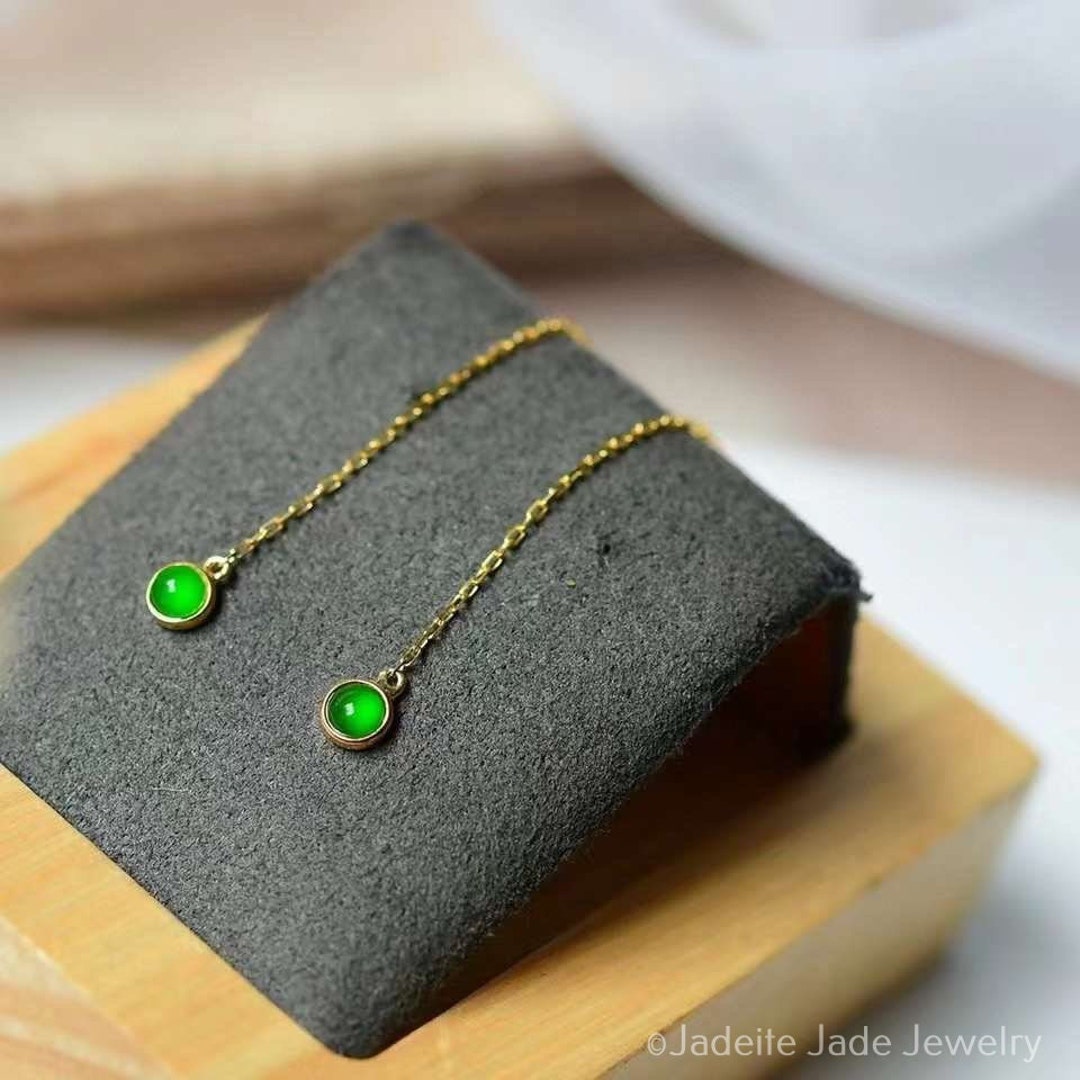18k Solid Gold Bezel Set Mini Jade Threader Earrings, Delicate Drop ...
