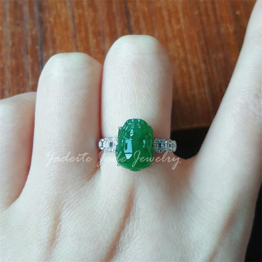 Deep Rich Emerald Green Grade A Jadeite Pixiu Ring, Imperial Green Fat ...