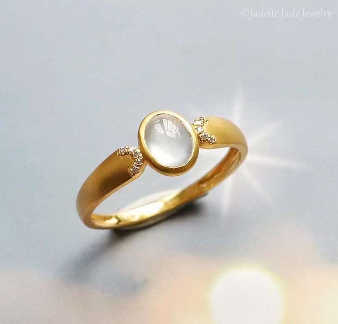 Oval Icy Jadeite Bezel Set Engagement Ring, Matte Finish Wedding Band ...