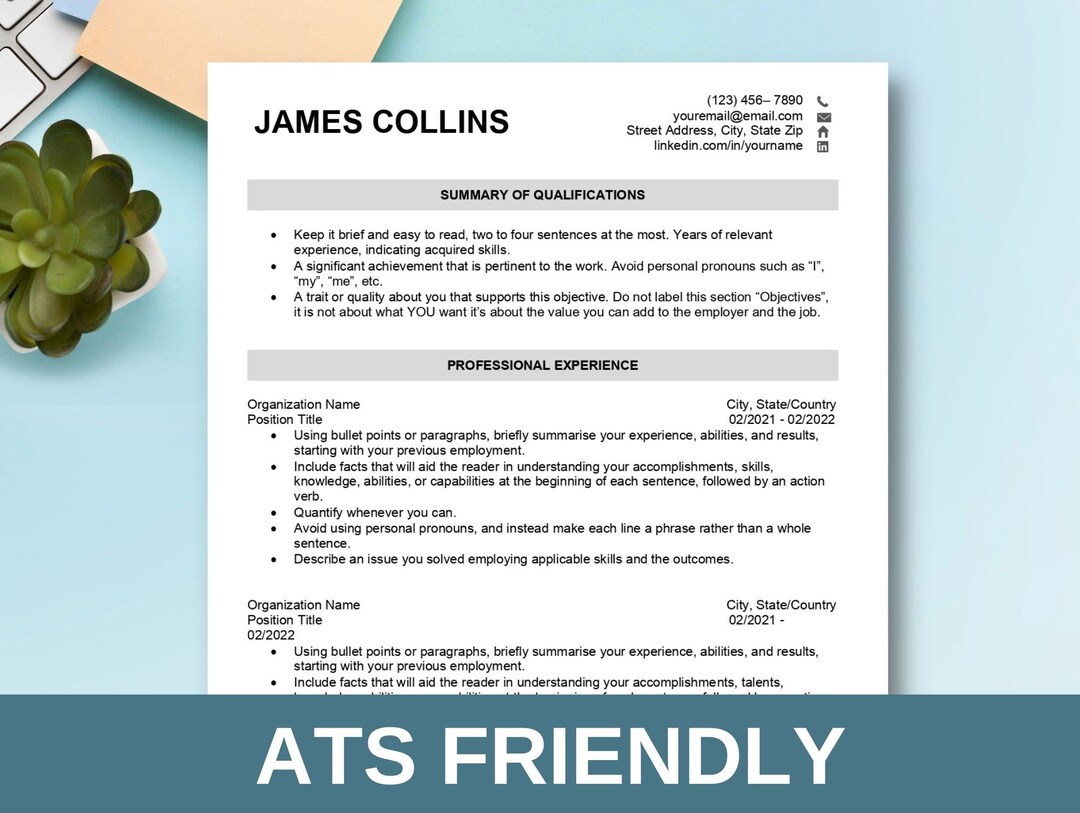 ATS Friendly Resume Template Word, Professional Resume, Simple Resume ...