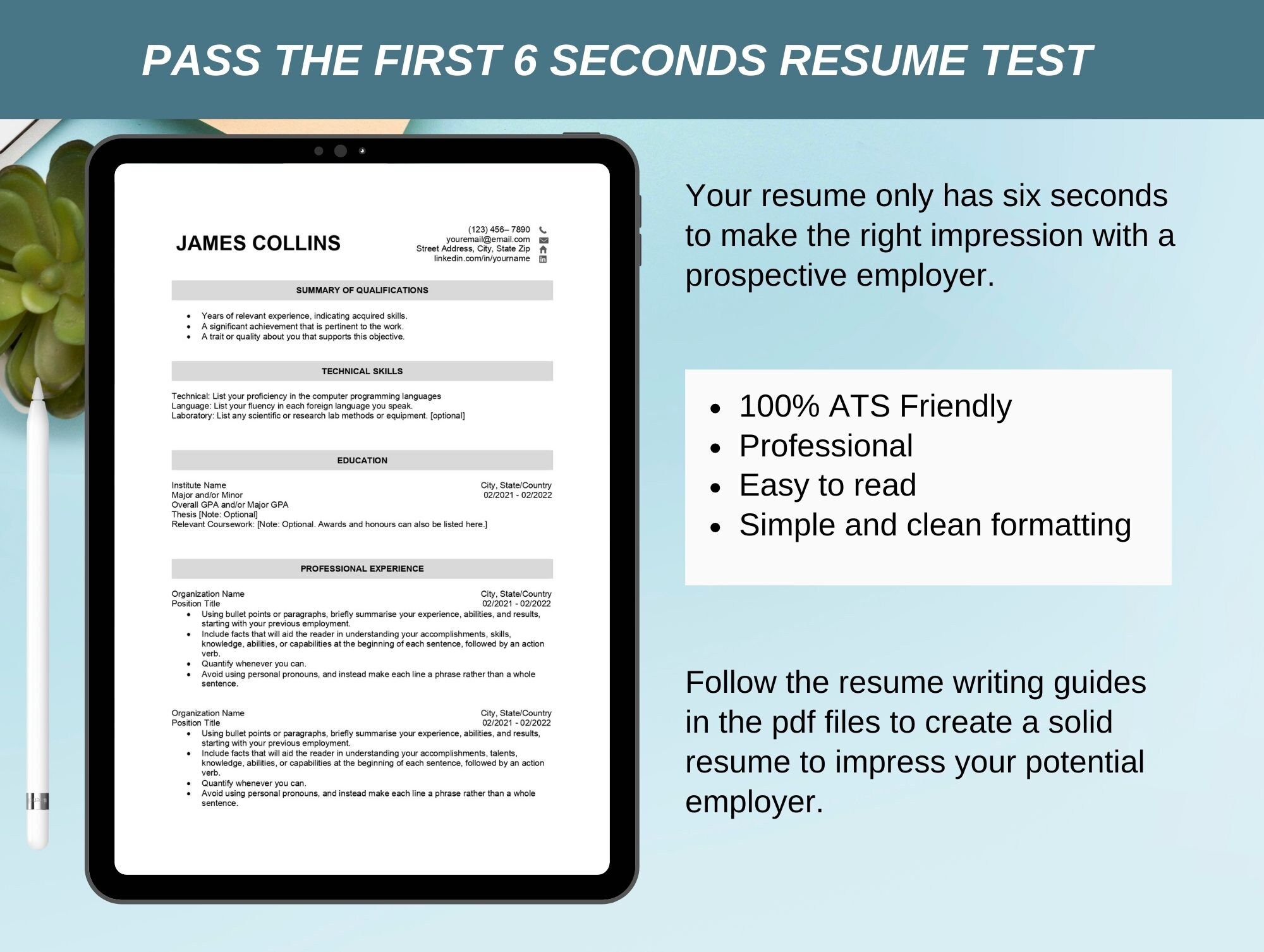 ATS Friendly Resume Template Word, Professional Resume, Simple Resume ...