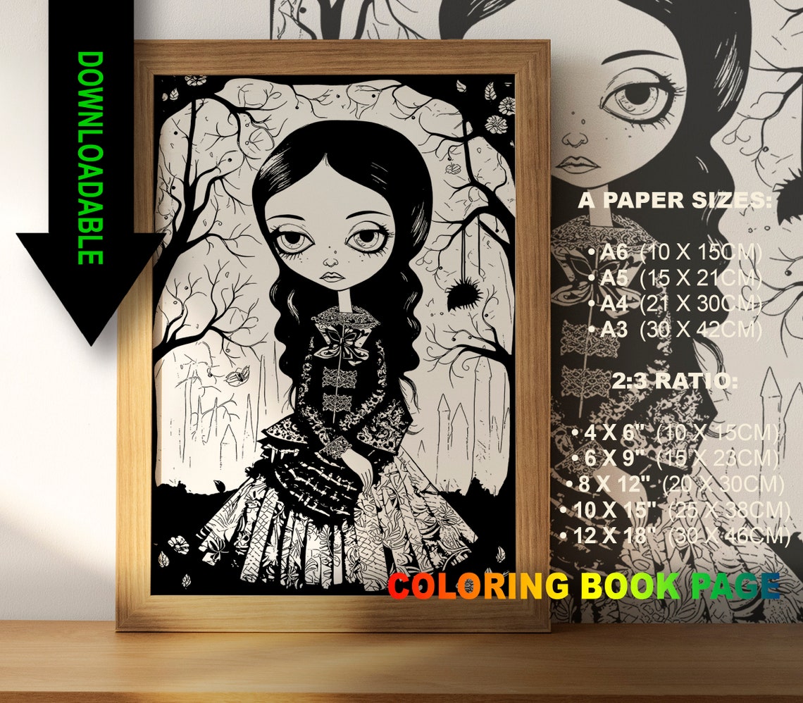 Goth Girl Coloring Book Page - Download Printable High Quality Instant ...