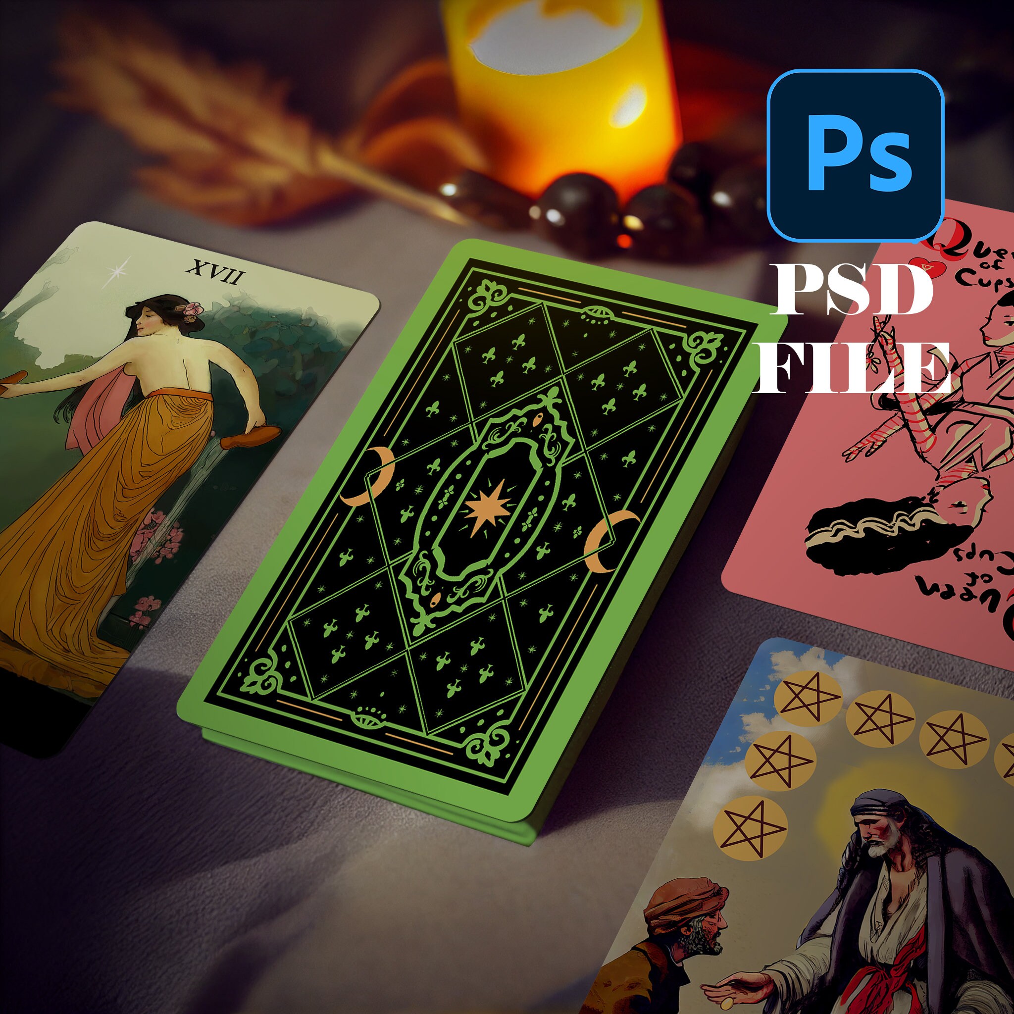 Tarot Card Spread Mockup - Downloadable Room Scene PSD Tarot Card ...