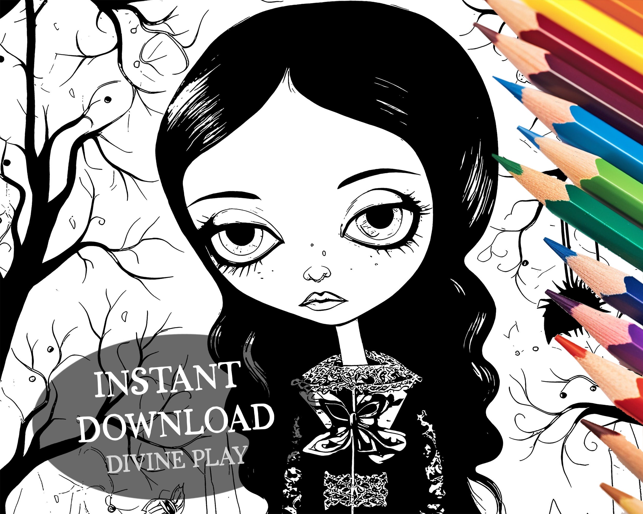 Goth Girl Coloring Book Page - Download Printable High Quality Instant ...
