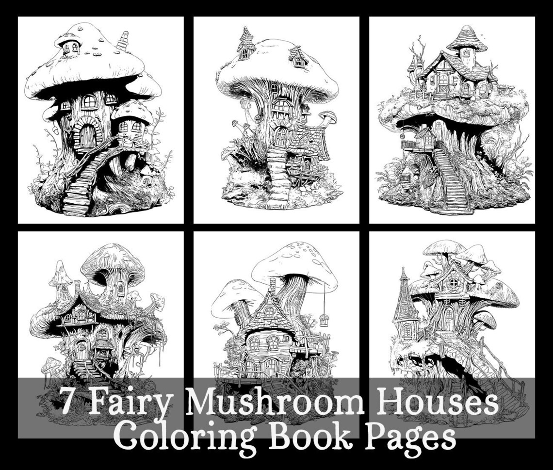 7 Fairy Mushroom Houses Coloring Pages 8.5 X 11 Inches Download ...