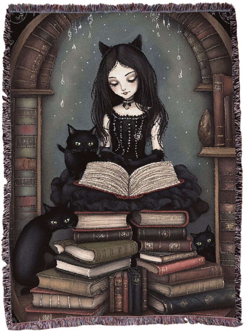 Goth Girl Woven Blanket, Emo Aesthetic, Books and Cats Blanket - Etsy