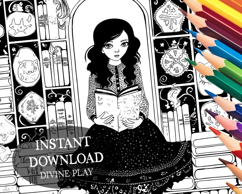 Goth Girl Reading in a Library Coloring Book Page Download - Etsy