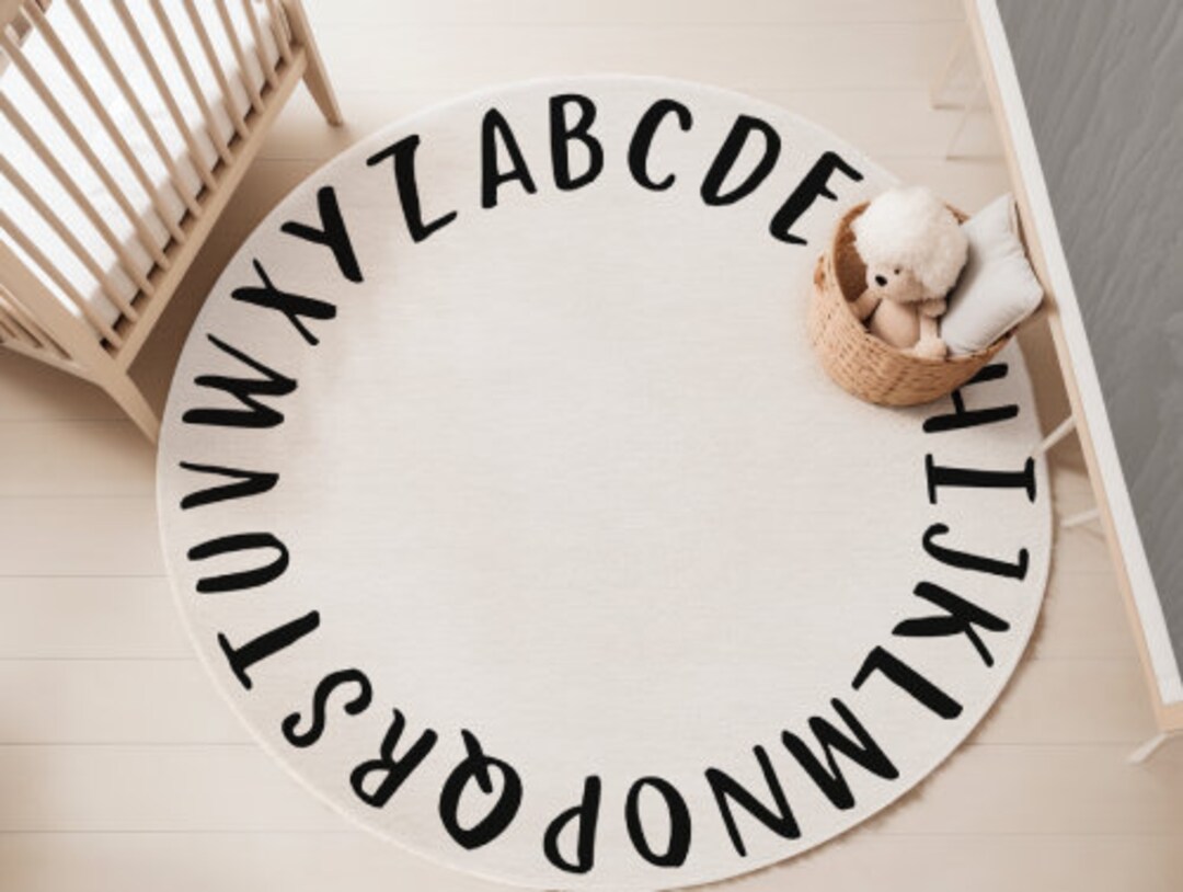 Black and White Alphabet Round Rug, Kids Play Rug, Bedroom Decor ...