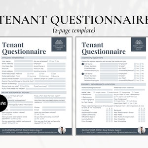 Real Estate Tenant Questionnaire Form, Rental Intake Form, Rental ...