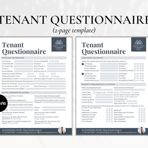 Real Estate Tenant Questionnaire Form Rental Intake Form - Etsy