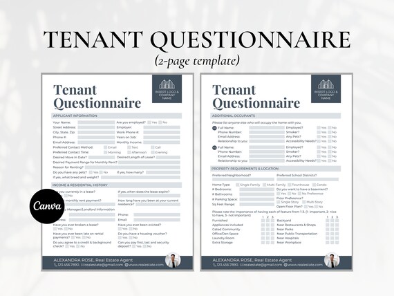 Real Estate Tenant Questionnaire Form Rental Intake Form - Etsy