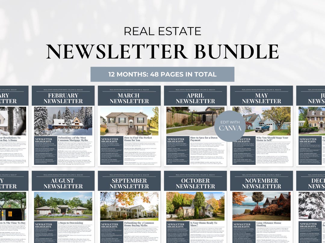 12 Monthly Real Estate Newsletter Bundle, Real Estate Marketing, Real ...