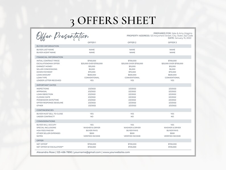 Multiple Offer Sheet Real Estate Offer Summary Sheet Realtor - Etsy
