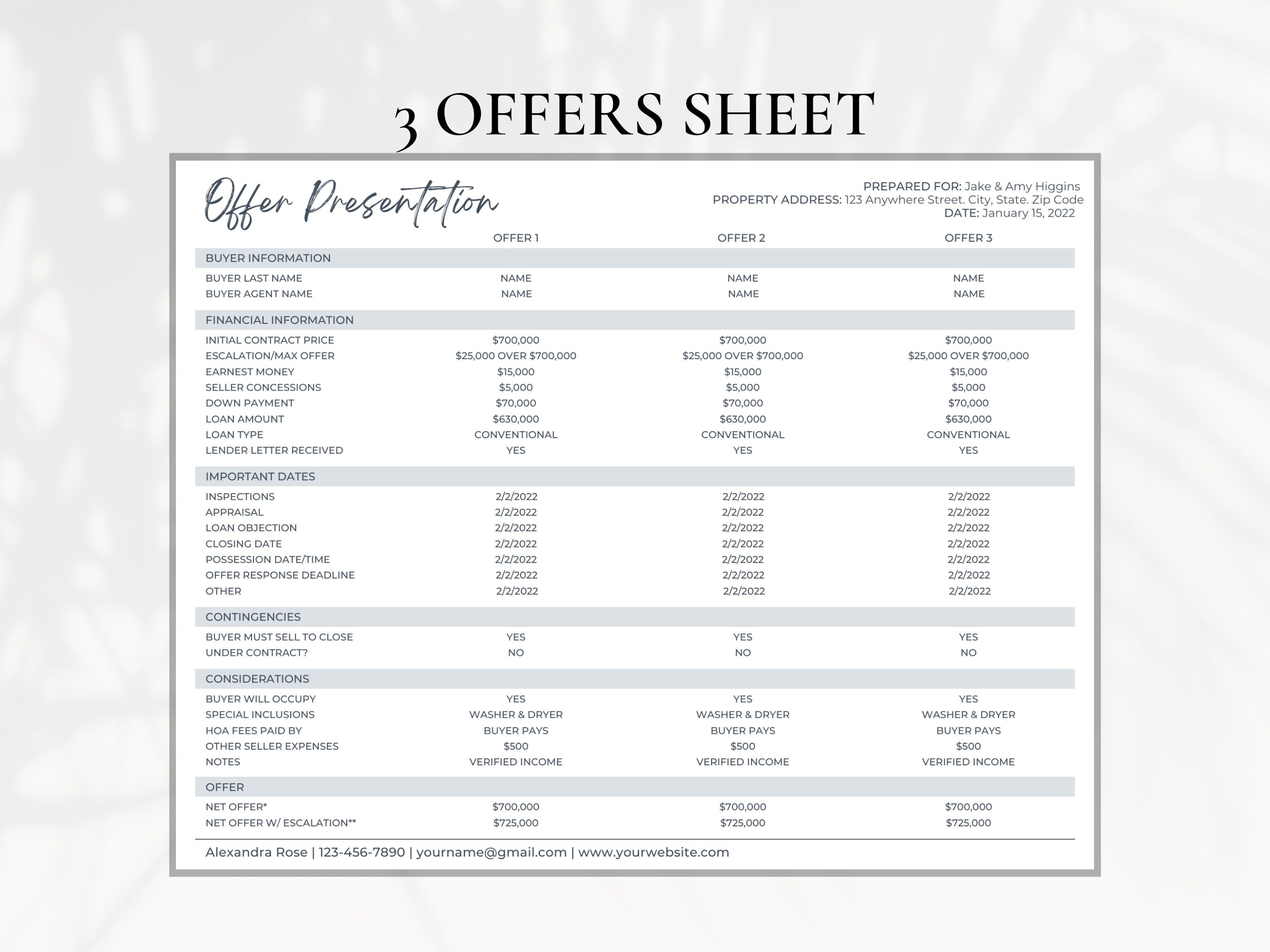 Multiple Offer Sheet Real Estate Offer Summary Sheet Realtor - Etsy
