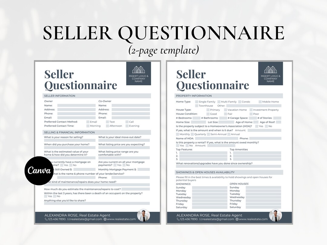 Seller Questionnaire, Seller Consultation, Seller Forms, Real Estate ...