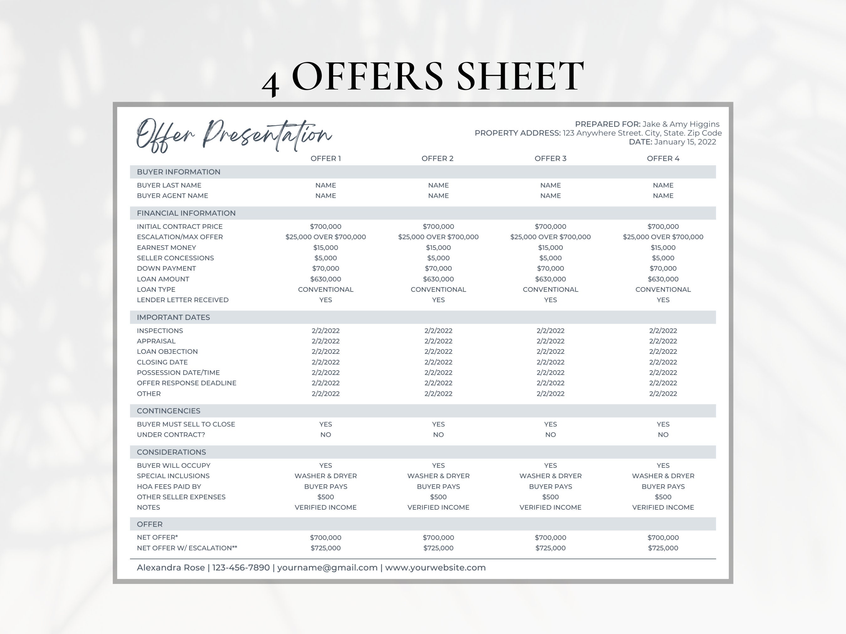 Multiple Offer Sheet Real Estate Offer Summary Sheet Realtor - Etsy