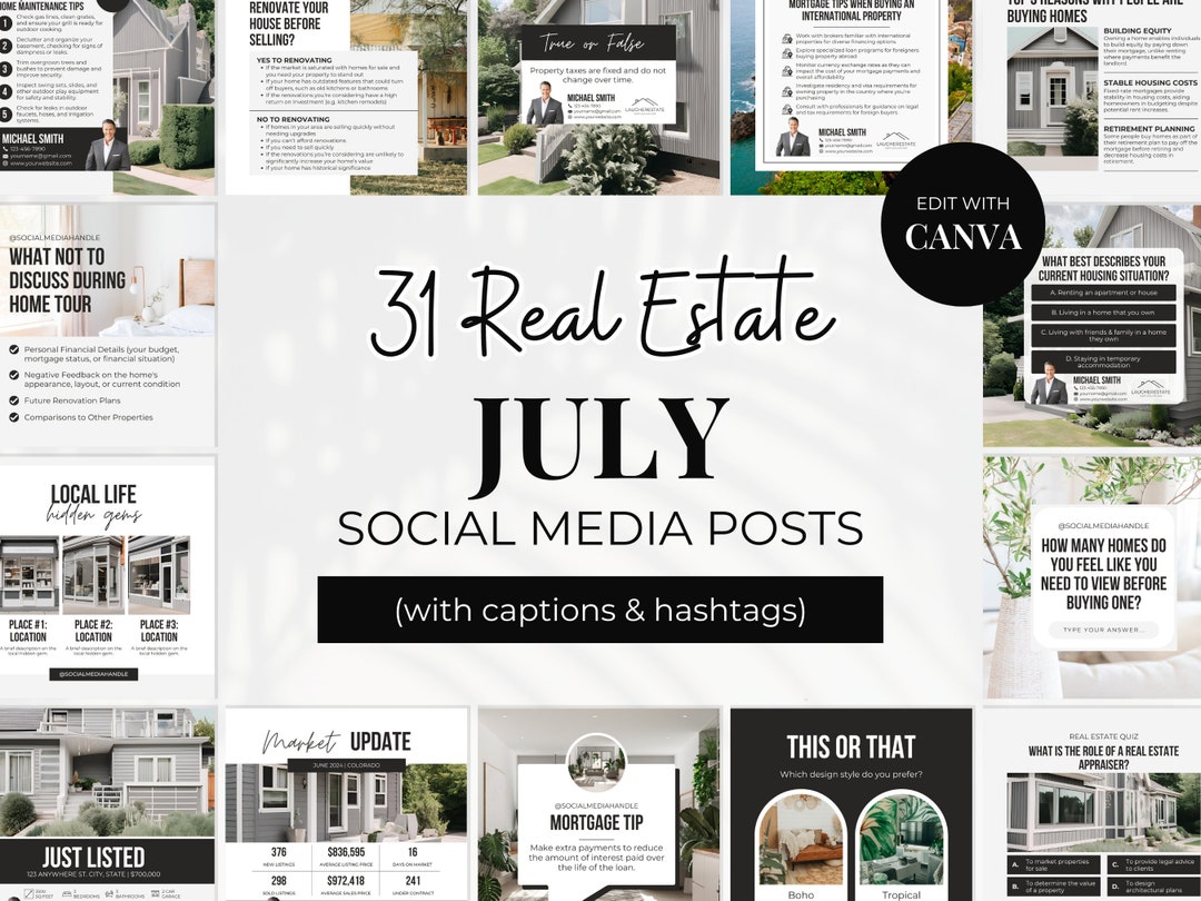 July Real Estate Posts With Captions & Hashtags, Realtor Social Media ...