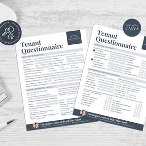 Real Estate Tenant Questionnaire Form, Rental Intake Form, Rental ...
