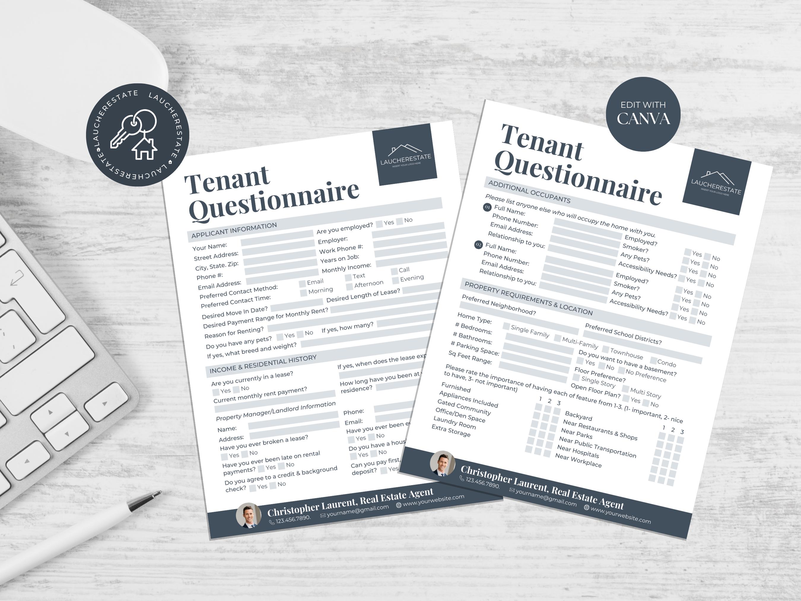 Real Estate Tenant Questionnaire Form, Rental Intake Form, Rental ...