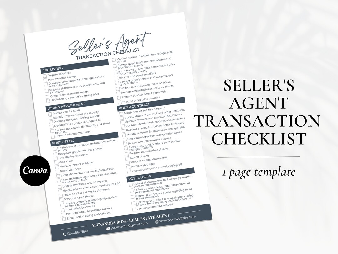 Seller's Agent Transaction Checklist, Real Estate Transaction Checklist ...
