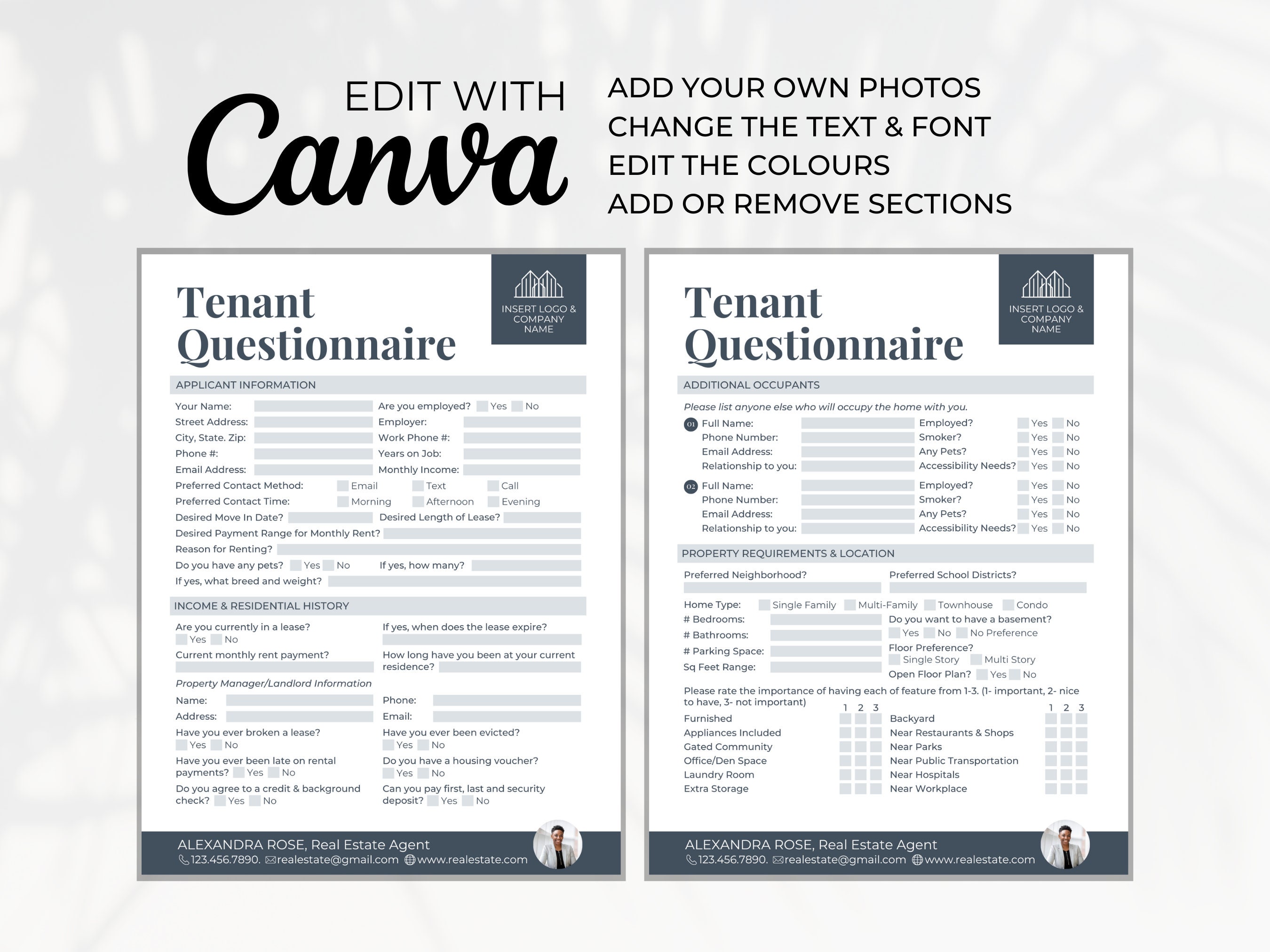 Real Estate Tenant Questionnaire Form, Rental Intake Form, Rental ...